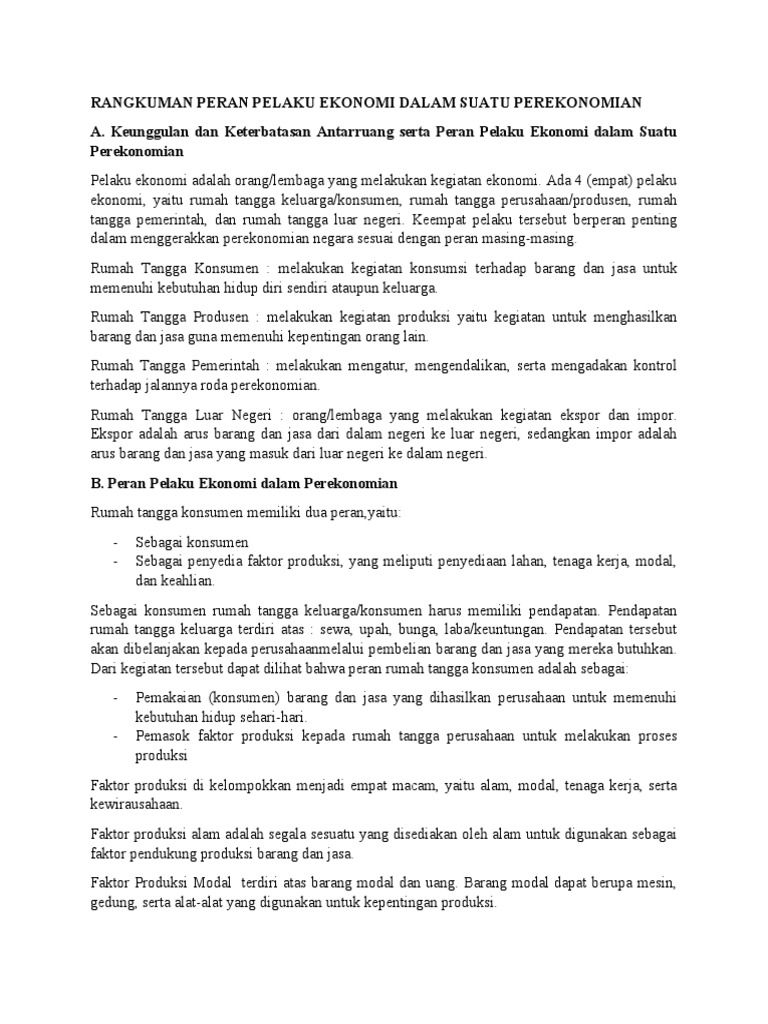 Peran Pelaku Ekonomi dalam Perekonomian | PDF