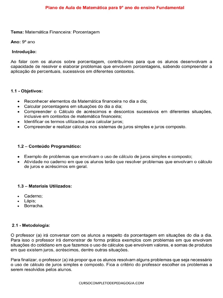 Plano De Aula De Matematica Para 9° Ano Do Ensino Fundamental Pdf 4988