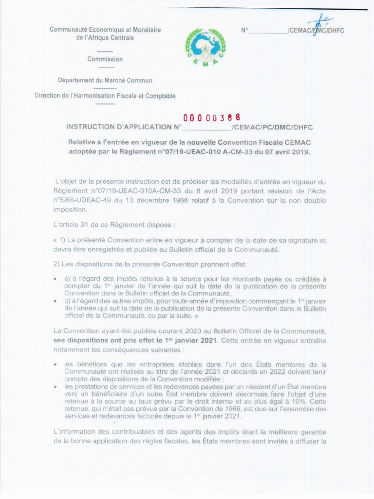 Instruction D'application Relative À L'entrée en Vigueur de La Nouvelle Convention Fiscale CEMAC ...