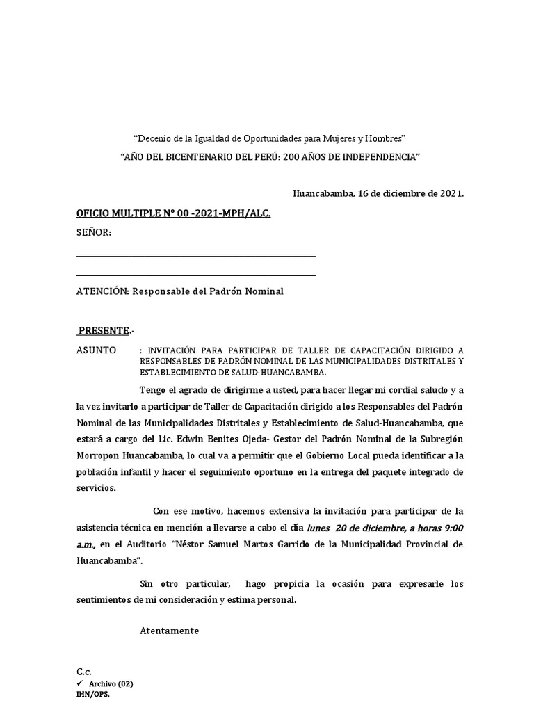 Oficio de Invitación para Responsables de Padron Nominal de Municipalidades y Establecimientos ...