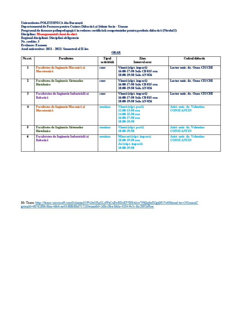 Orar MCE 2021-2022 II | PDF