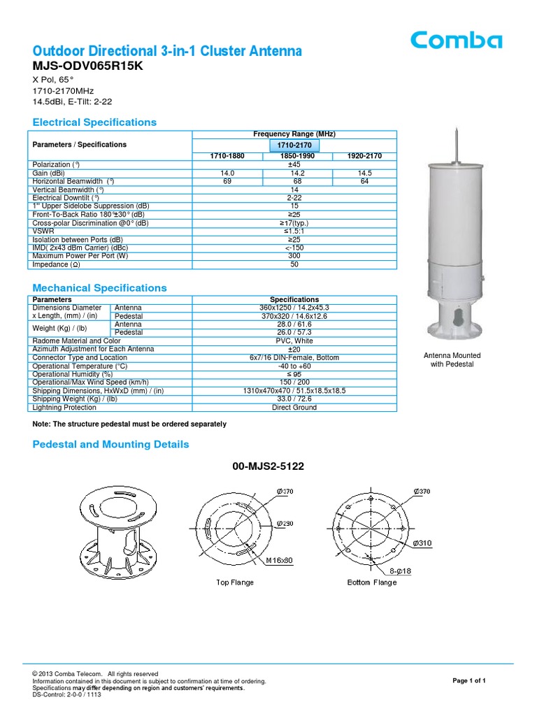 Antena Omni Outdoor Comba MJS-ODV065R15K DS 2-0-0 | PDF | Radiation ...