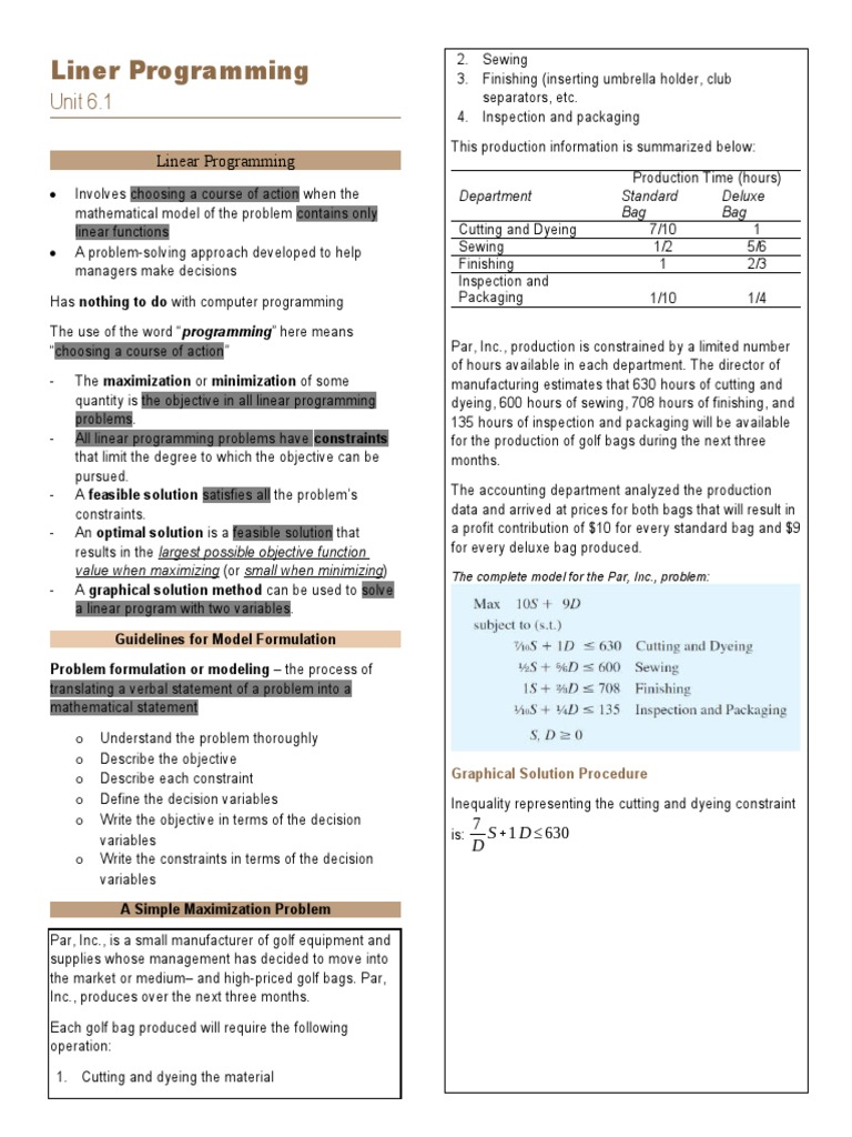 Unit 6 1 Linear Programming Pdf Mathematical Optimization Linear Programming