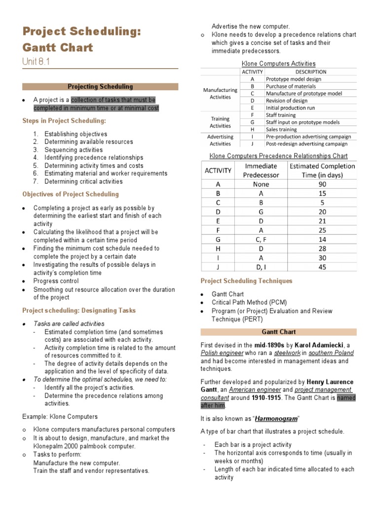 Unit 8.1 - Project Scheduling Gantt Chart | PDF | Scheduling ...