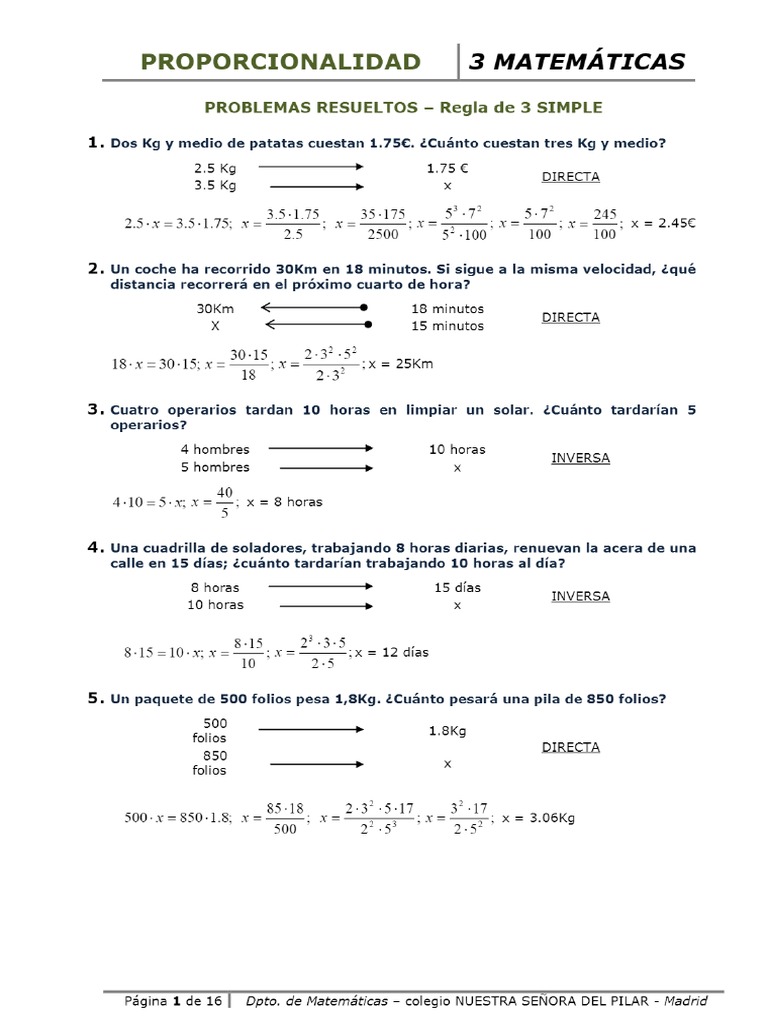 PROBLEMAS RESUELTOS Regla de 3 SIMPLE - PDF Descargar Libre | PDF