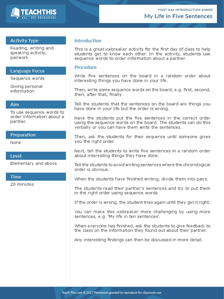 My Life in Five Sentences | PDF | English As A Second Or Foreign ...