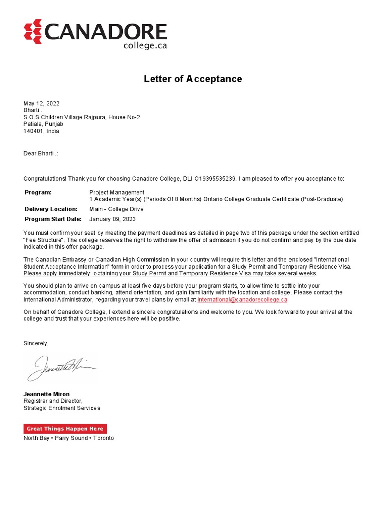 Letter of Acceptance: Program: Delivery Location: Program Start Date: January 09, 2023 | PDF ...