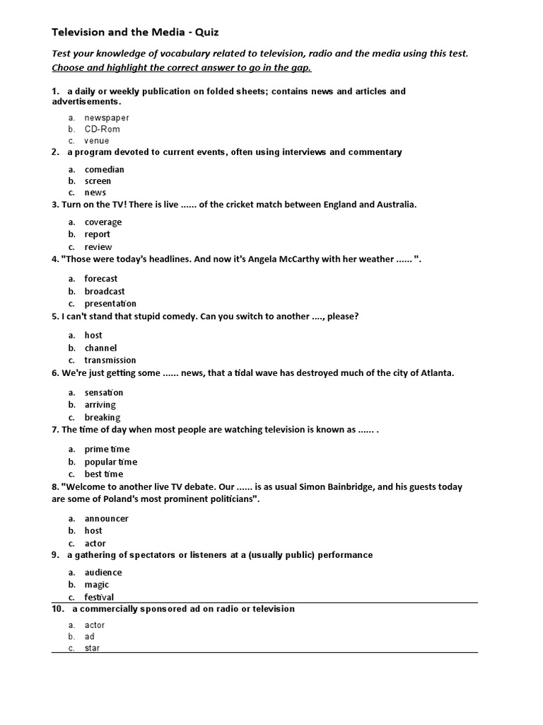 Television and The Media - QUIZ | PDF