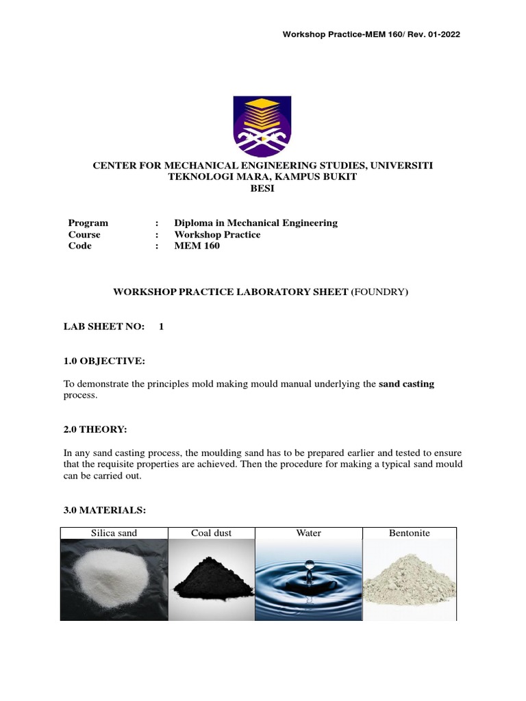 4.1 Foundry (Green Sand) Lab Sheet Mem160 - v1 | PDF