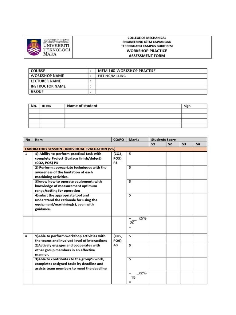 Lab Assessment Form Okt 22 Fitting Milling | PDF | Cognitive Science ...