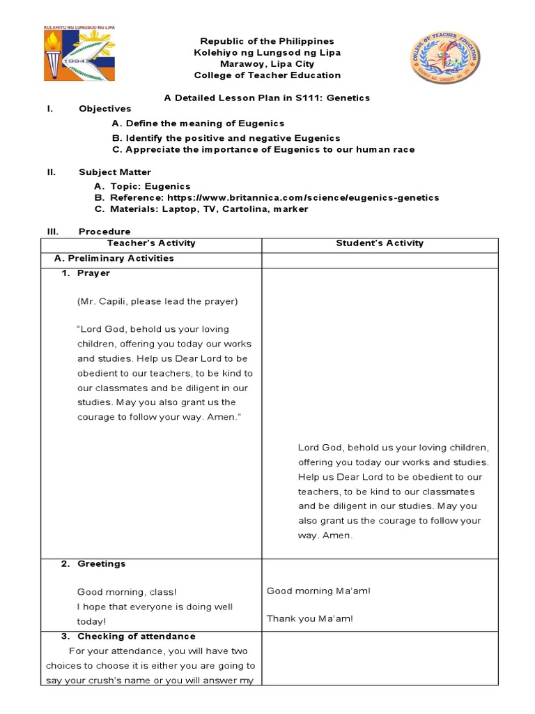 Detailed Lesson Plan Genetics | PDF | Eugenics