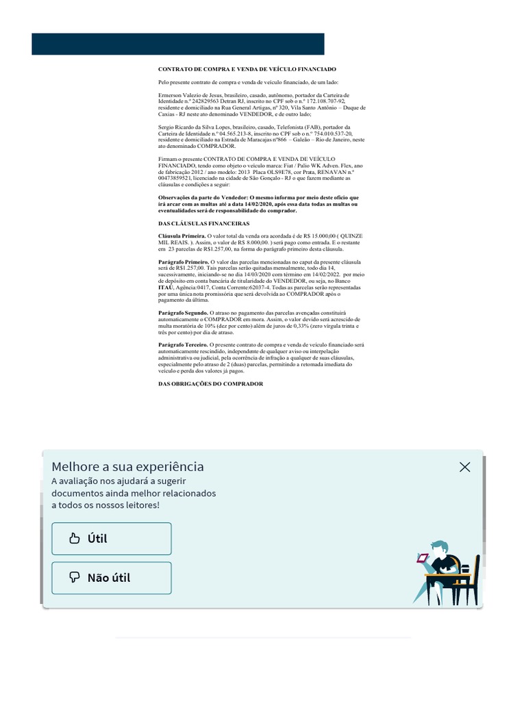 Contrato De Compra E Venda De Veículo Financiado Pdf Conta De Transação