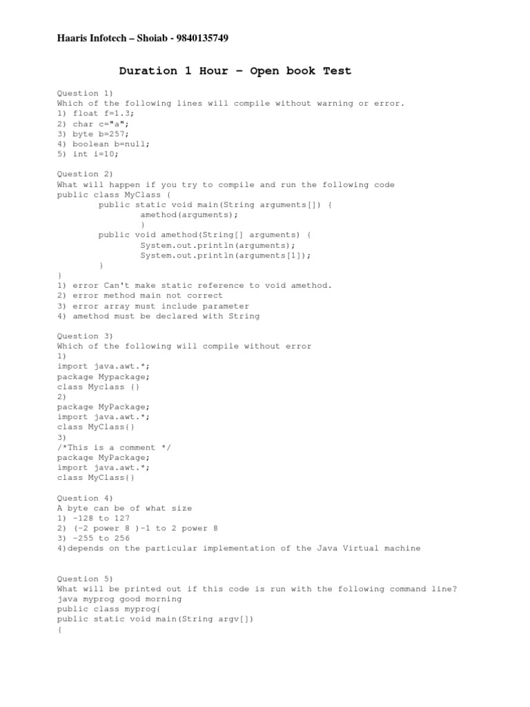 Core Java Test Paper Pdf Method Computer Programming Class Computer Programming