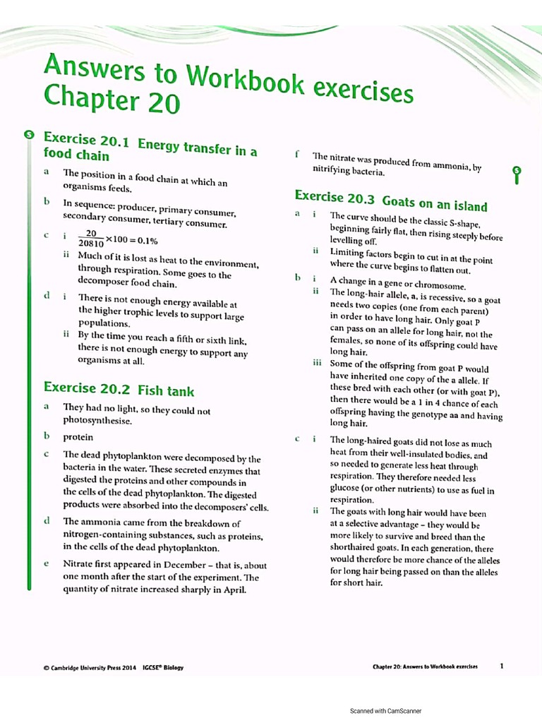 Cambridge IGCSE Biology Workbook Answers (CH 20,21,22) | PDF