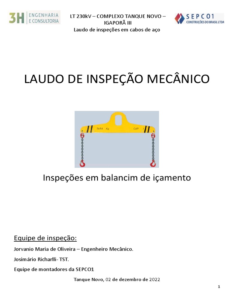 Relatório de inspeção mecânica dos balancins de içamento utilizados na ...