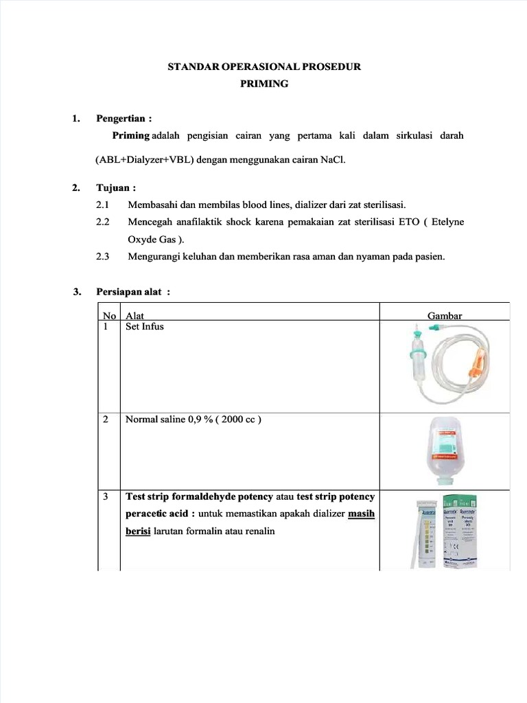 PDF Sop Priming Hemodialisa Compress | PDF