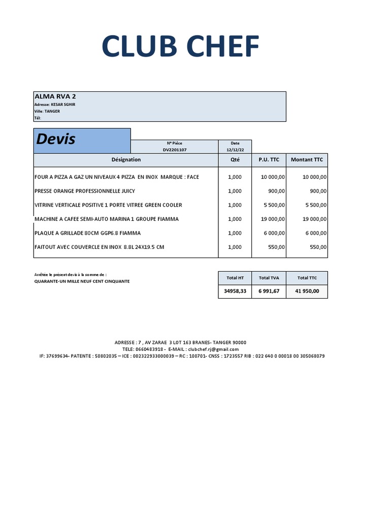 Devis Club Chef | PDF