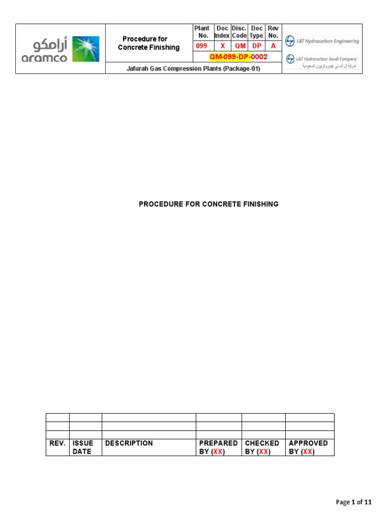 QM-099-DP - XXXX Procedure For Concrete Finishing Rev A | PDF | Concrete | Specification ...