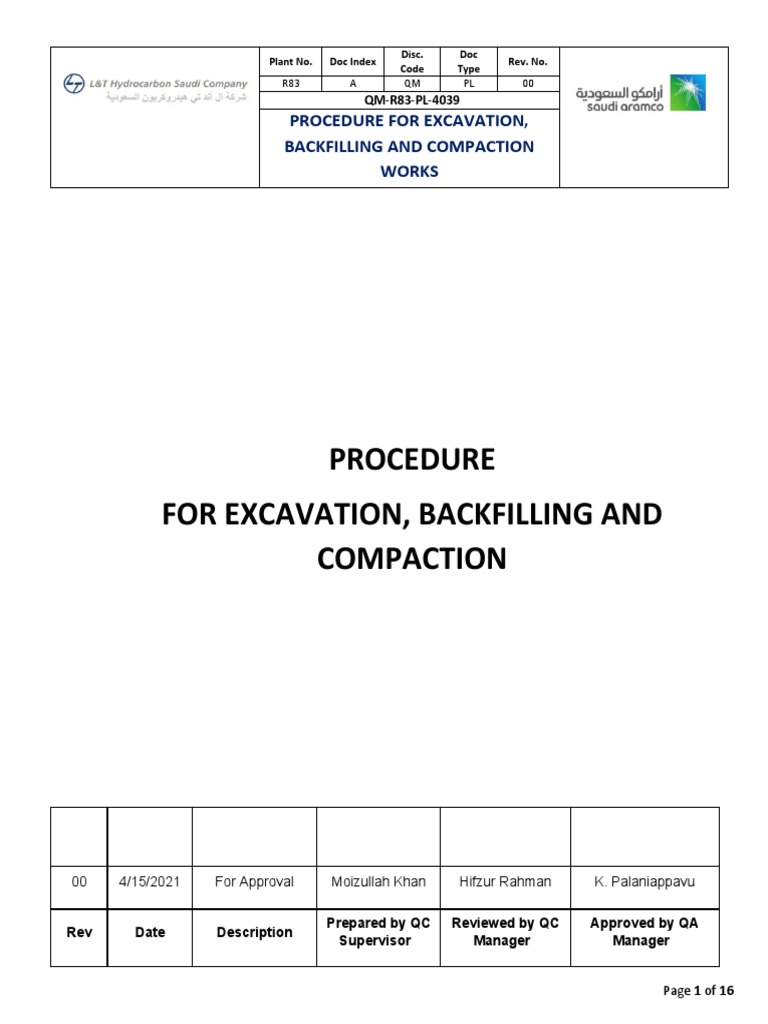 QM-R83-PL-4039 Procedure For Excavation Backfilling and Compaction Rev. 00 | PDF | Quality ...