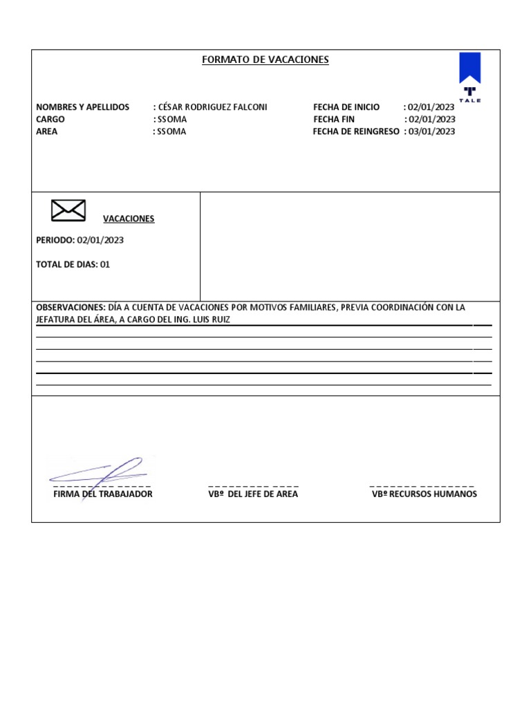 Formato de Vacaciones | PDF