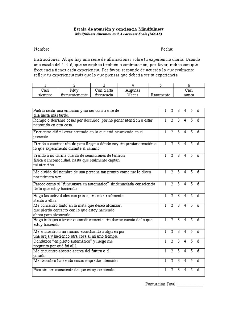 Escala de Atencion y Conciencia Mindfulness MAAS | PDF | Sicología
