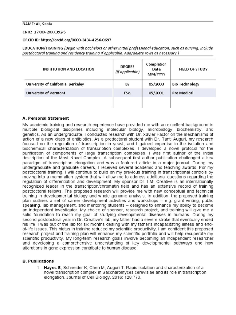 DGST - KP - CV - Template - For All Students and Postdocs 1 | PDF ...