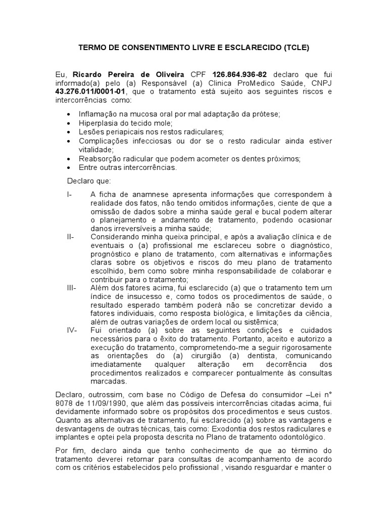 TCLE Procedimentos Odontológicos | PDF | Odontologia | Especialidades ...