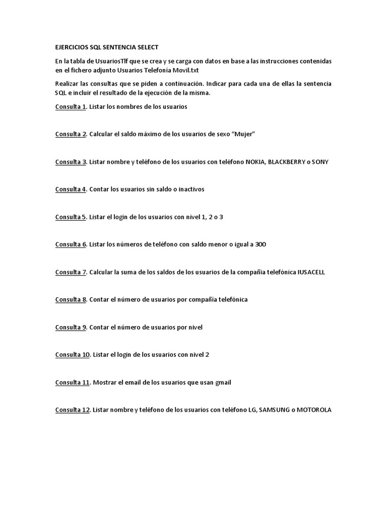 Ejercicios SQL SELECT 1 | PDF
