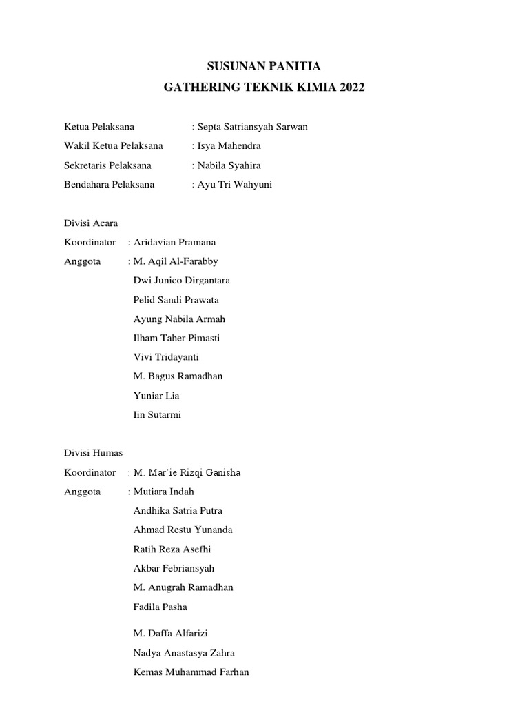 Susunan Panitia Gathering Teknik Kimia 2022 | PDF