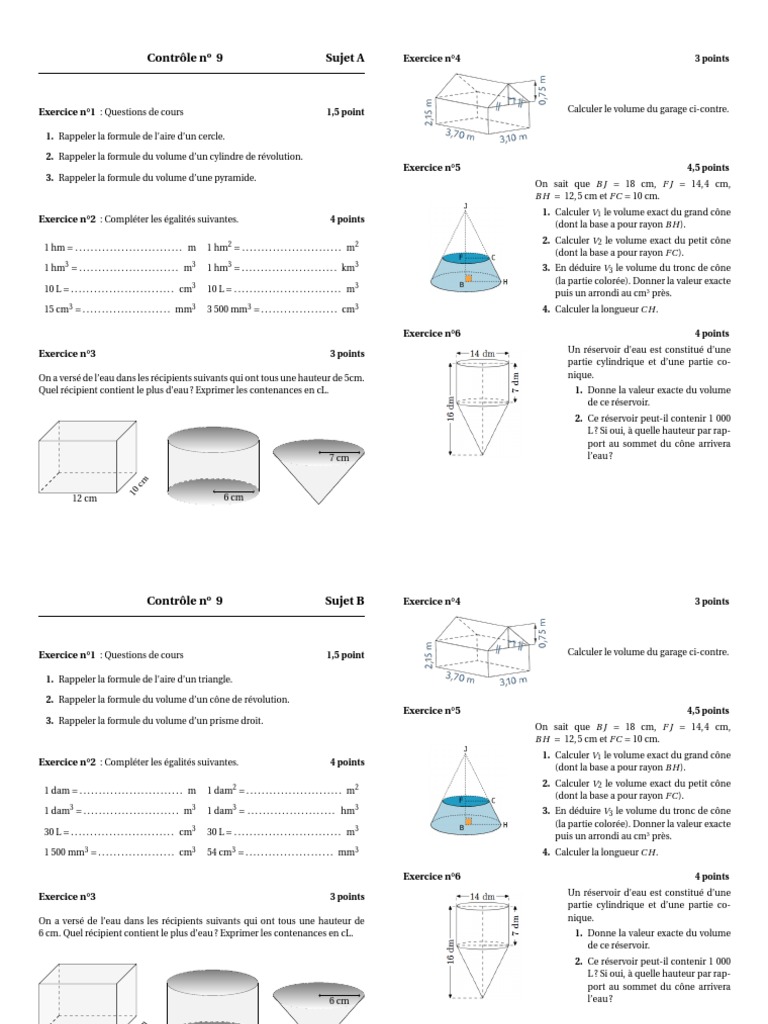 Contrôle Volume 4ème : Exercices et Corrigés | PDF | Géométrie ...