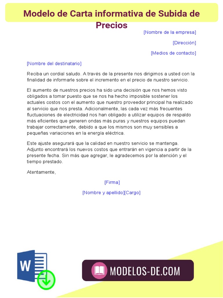 Modelo de Carta Informativa de Subida de Precios | PDF