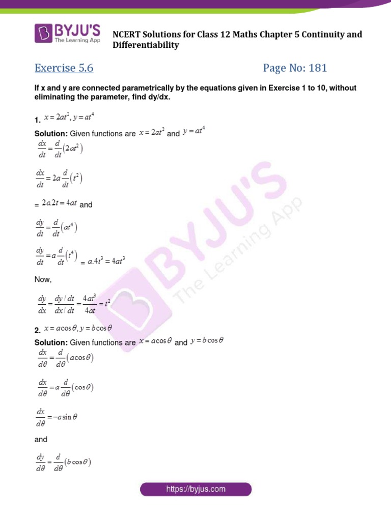 NCERT Solutions For Class 12 Maths Chapter 5 Continuity and Differentiability Exercise 5.6 | PDF