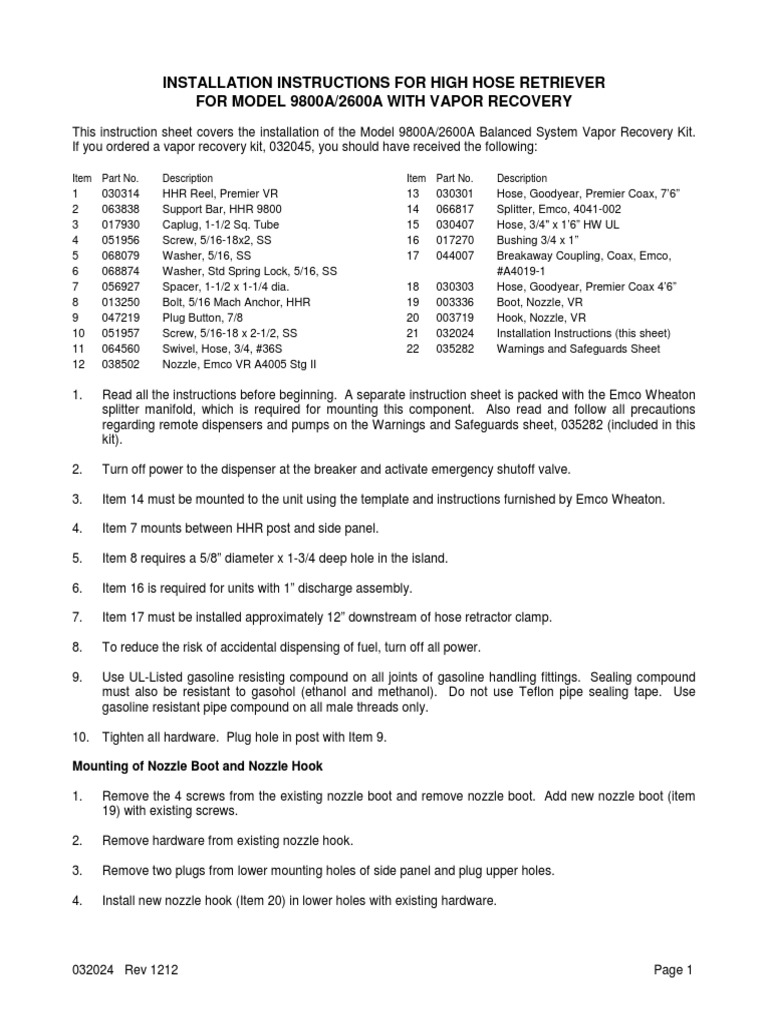 Installation Instructions For High Hose Retriever For Model 9800A/2600A With Vapor Recovery ...