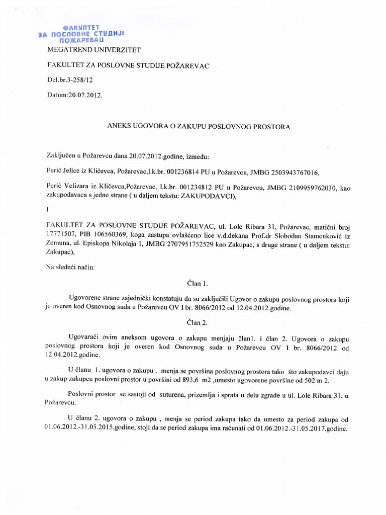 Aneks Ugovora o Zakupu 2012 | PDF