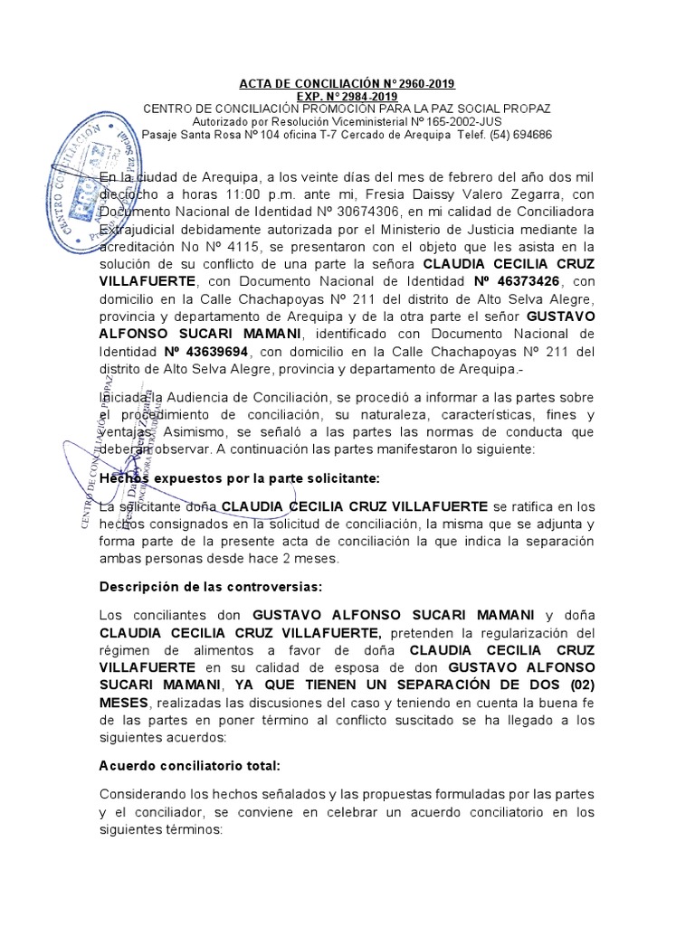 Acta de Conciliación de Separacion | PDF