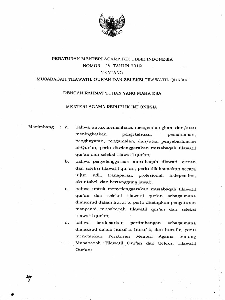 PMA No. 15 MUSABAH TILAWATIL QURAN DAN SELEKSI TILAWATIL QURAN | PDF