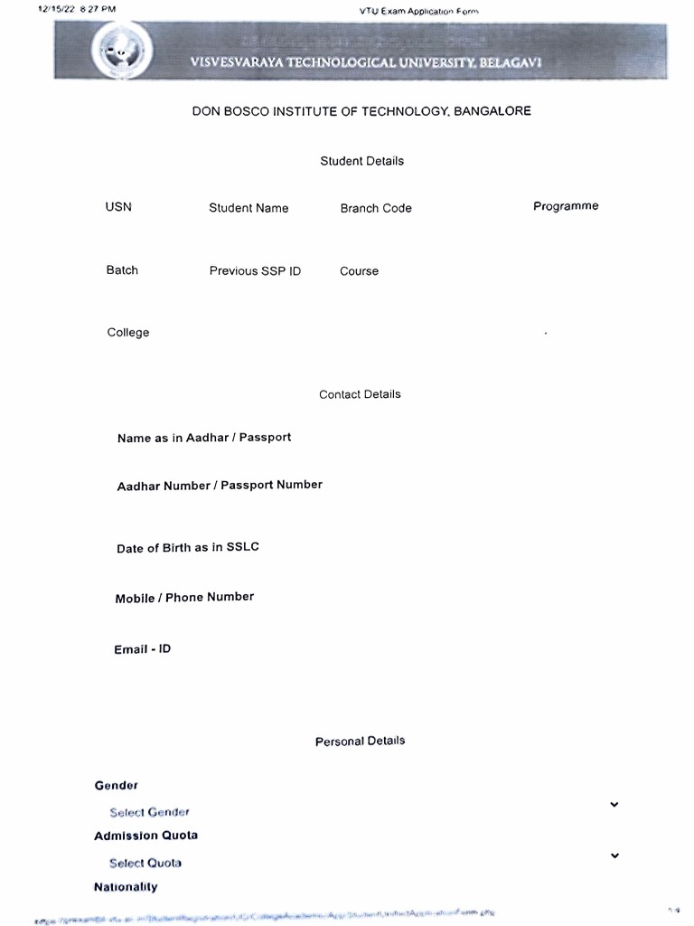 VTU Exam Application Form 2022 | PDF | Government | Government And Personhood