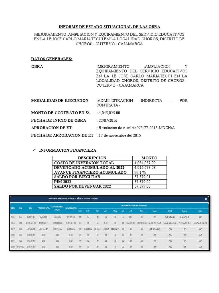 Informe de Estado Situacional de Las Obras | PDF