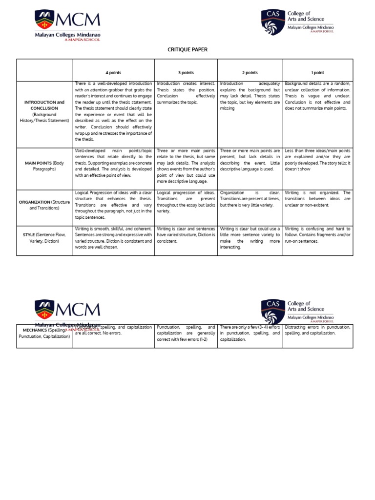 Critique Paper Rubric | PDF | Punctuation | Writing