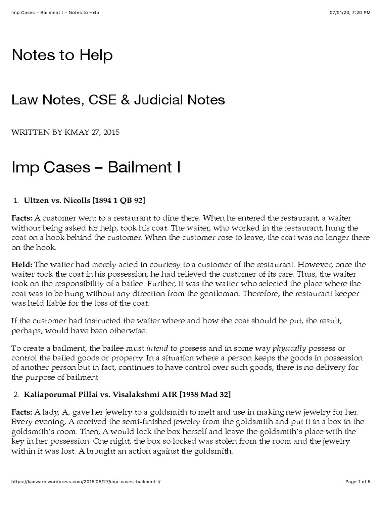 Key Bailment Case Laws Overview | PDF | Duty Of Care | Taxes
