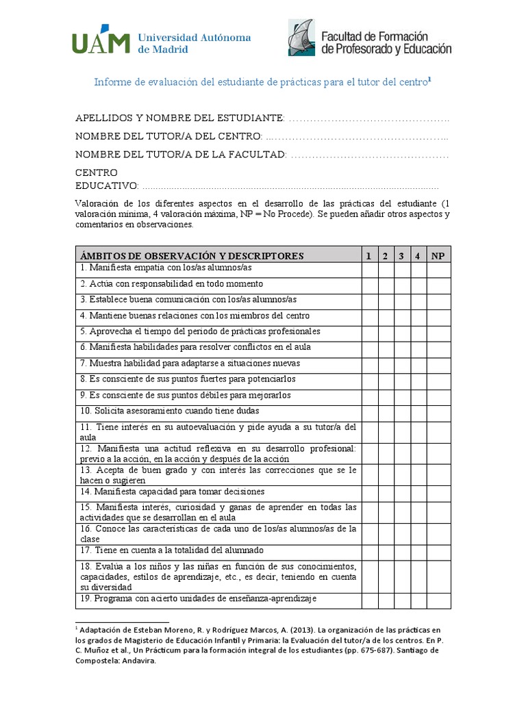 Informe de Evaluación Del Estudiante de Prácticas para El Tutor Del Centro Modelo A Rellenar ...