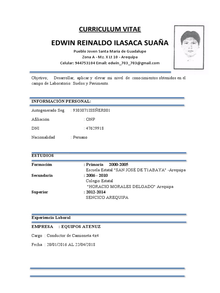 Curriculum Vitae Edwin Reinaldo Ilasaca Suaña | PDF