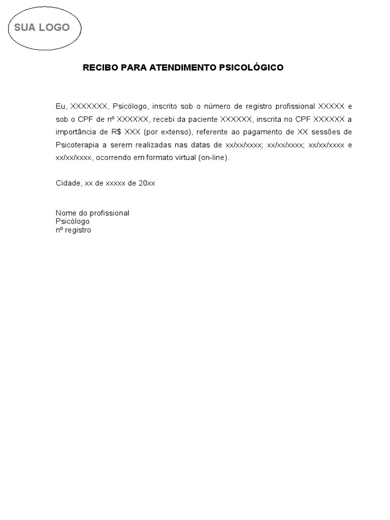Modelo de Recibo de Atendimento Psicológico para Reembolso de Plano | PDF Modelo de Recibo de Atendimento Psicológico para Reembolso de Plano | PDF