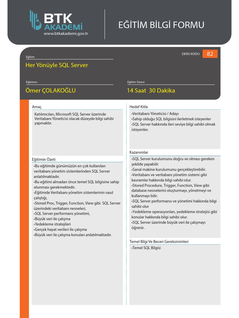 Her Yonuyle SQL Server Egitim Bilgi Formu | PDF