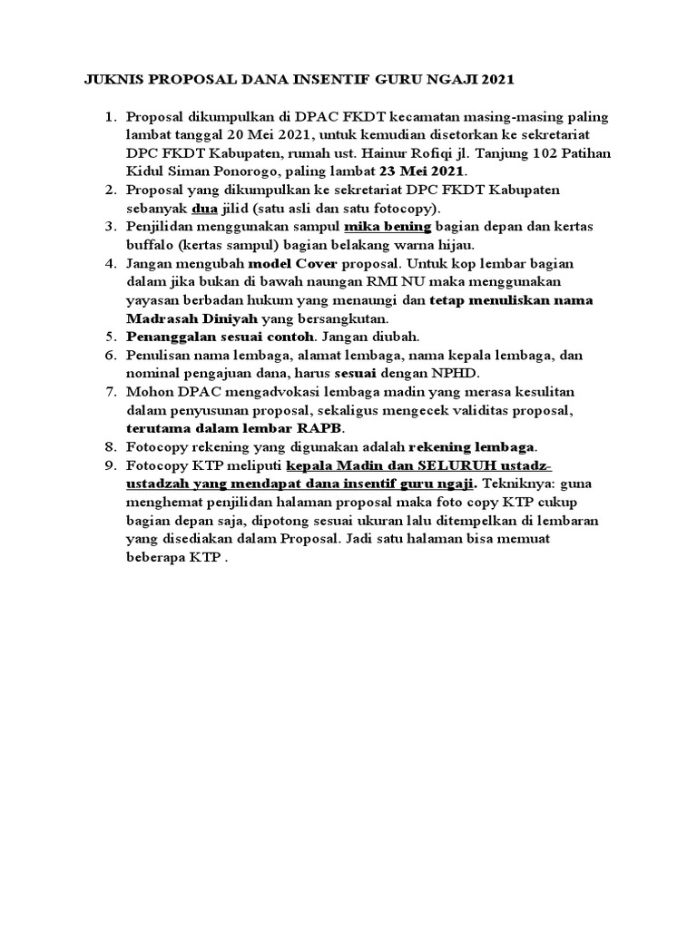 Juknis Proposal Dana Insentif Guru Ngaji | PDF