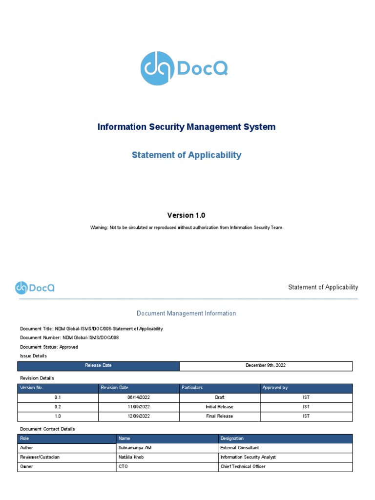ISMS Statement of Applicability | PDF | Information Security | Access Control