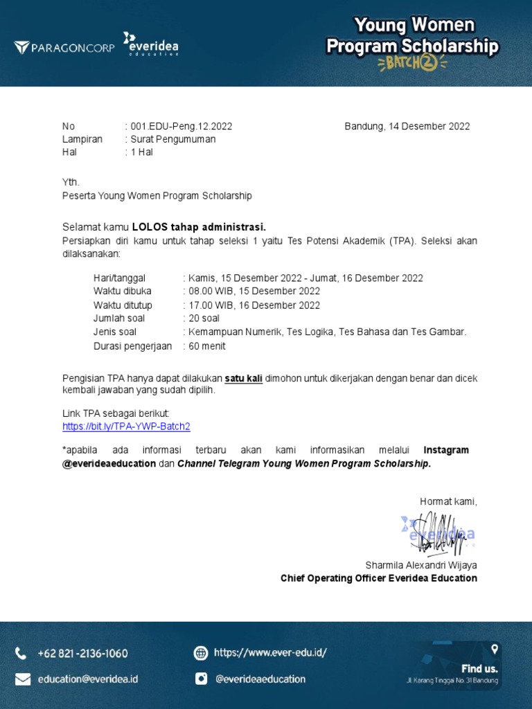 Surat Pengumuman Beasiswa Tahap Administrasi Batch 2 (1) - Signed | PDF