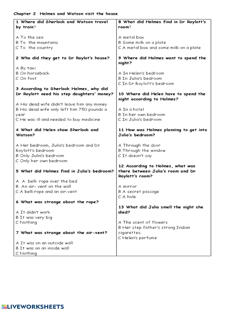 The Specked Band - Chapter 2 Worksheet A | PDF