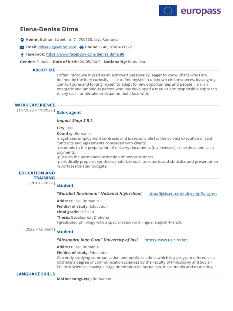 CV - Elena-Denisa Dima | PDF | Skill | Communication