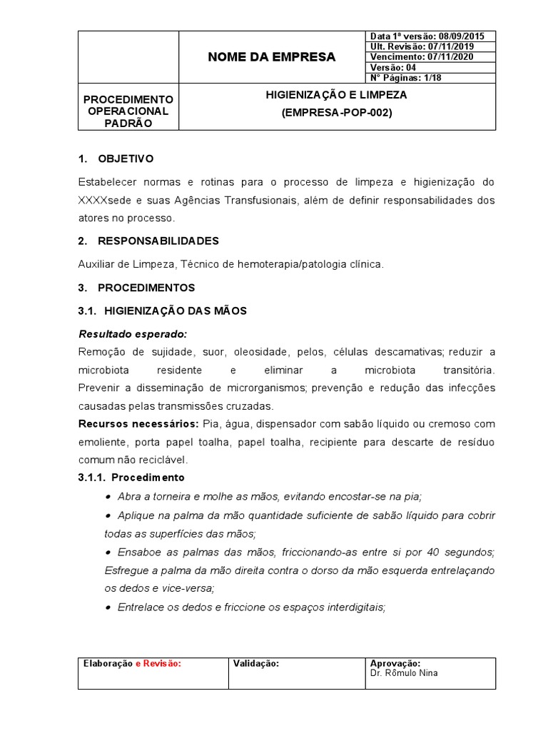 POP-002 Higienização e Limpeza Rev 4 2019-2020 | Download grátis PDF ...